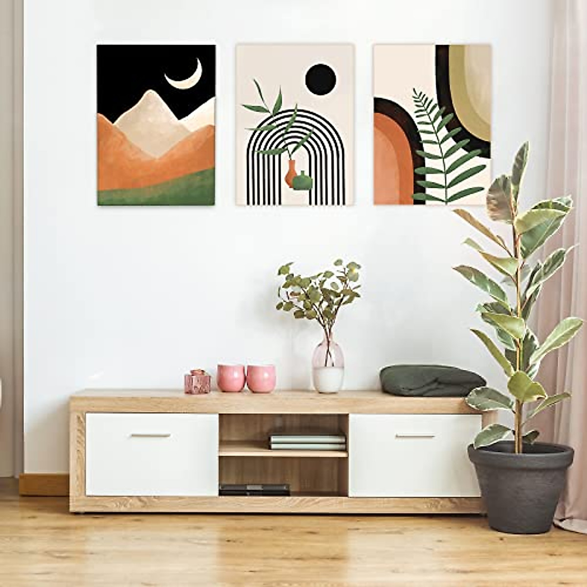 Gisipameis Framed Boho Wall Art Set of 3, Mid Century Modern Decor, Minimalist Black Beige Botanical Boho Bathroom Decor Wall Art 12" x 16" Canvas Prints Ready To Hang for Bedroom Living Room
