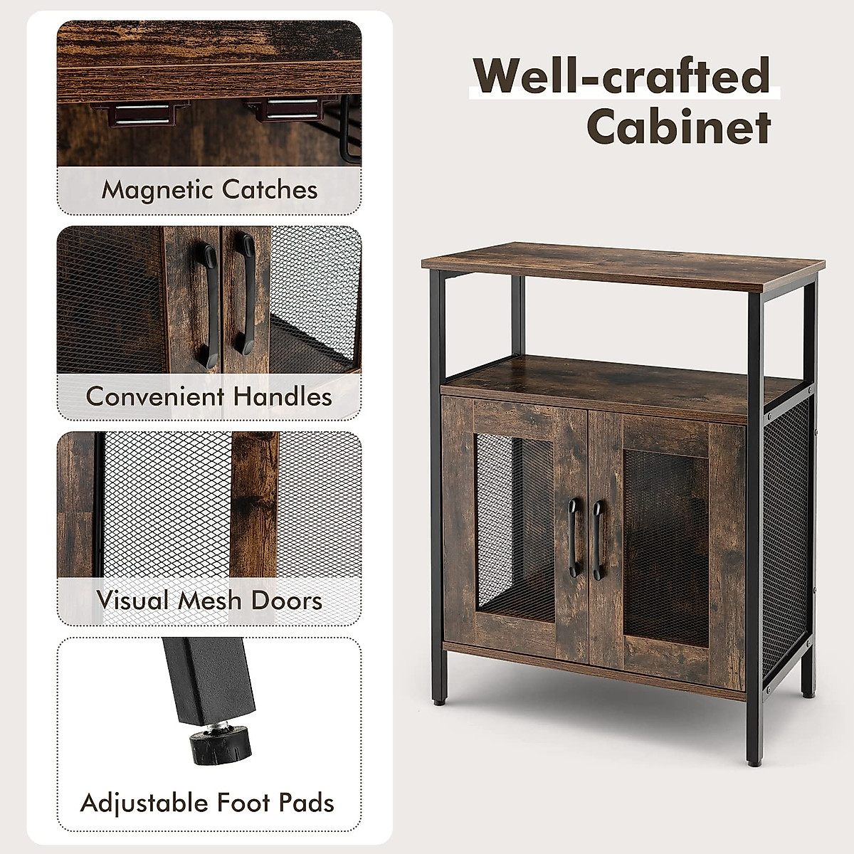 PETSITE Wine Bar Cabinet, Home Liquor Cabinet with Removable Wine Rack and Glass Holder, Coffee Bar Cabinet with Storage, Industrial Sideboard Buffet Cabinet with Mesh Doors for Kitchen