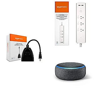 Amazon Basics Outdoor Smart Plug, Amazon Basics Smart Plug Power Strip, and Echo Dot (3rd Gen) Bundle | Automate Indoor and Outdoor Holiday Lighting