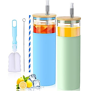 URMAGIC Glass Tumbler with Straws and Lids,2 Pack 20 Oz Cute Tumbler Cup,Spill Proof Glass Water Bottle With Silicone Protective Sleeve and Brushes,Iced Coffee Cups,Wide Mouth Boba Smoothie Cups