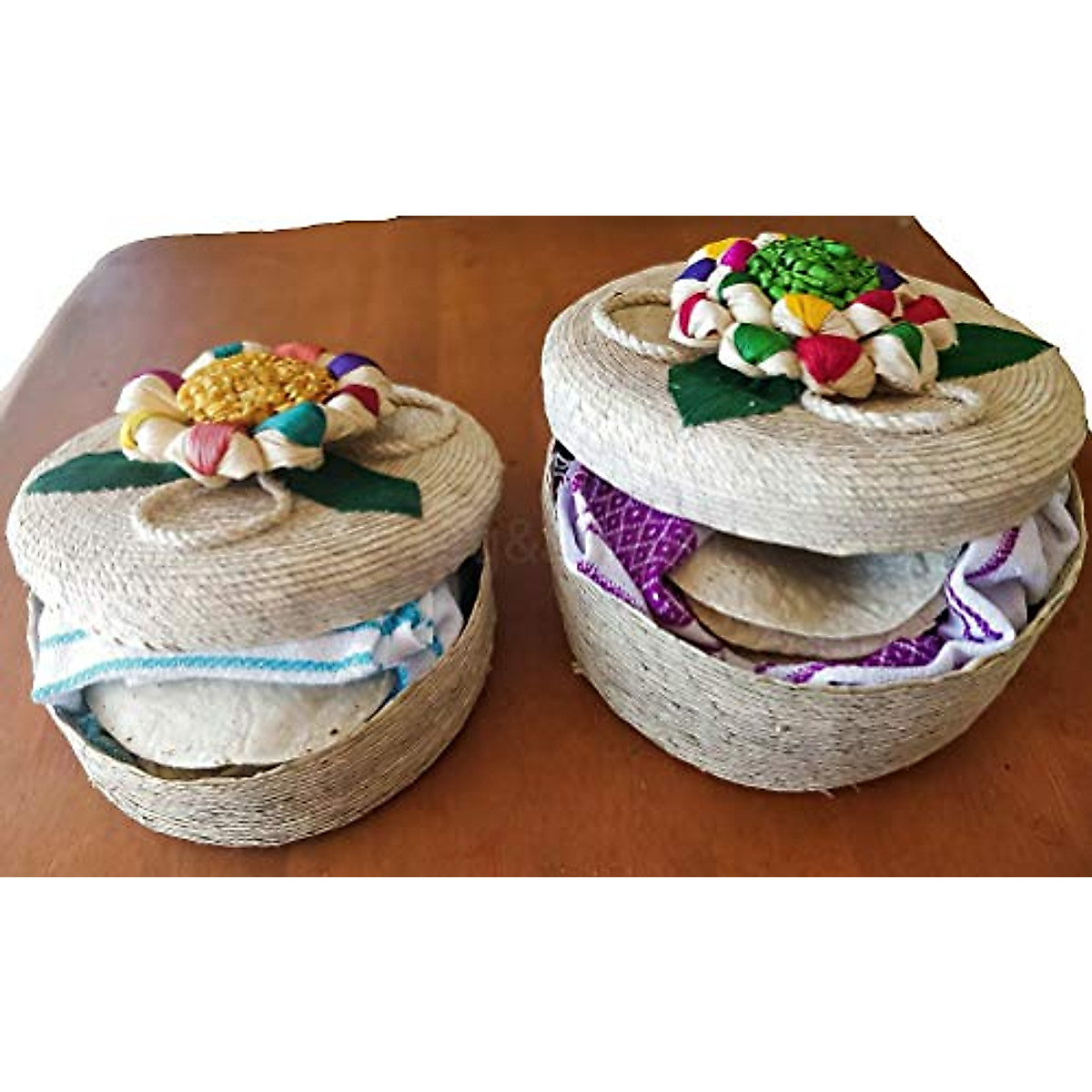 2 Pack Tortillero & Pancake Handwoven Basket & Handloomed Tortilla Cloth 2 Pack Warmer Keeper Bundle 100% Palm Mexican Art.