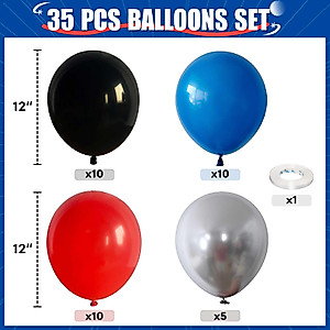 Red Blue Black Balloons, 12Inch Matte Red Black and Royal Blue Metallic Silver Latex Balloon for Boys Hero Party Kids Spider Theme Birthday Baby Shower Graduation Party Decorations
