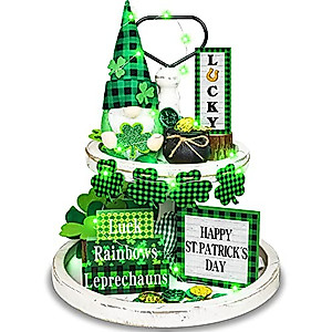 47 PCS St.Patricks Day Tiered Tray Decor Set with Led String - 1pc Gnome Plush, 3pcs Wood Sign, Little Wood Shamrock Banner, St.Patrick's Day Pot of Gold (40pcs Coins) - Irish Party Decor for Home