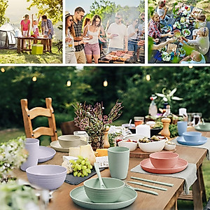 Wheat Straw Dinnerware Sets Service for 4 with Plastic Red & White Checkered Tablecloths, 28PCS Unbreakable Plastic Dinnerware Sets, Kids Plates and Bowls Sets, Lightweight Camping Cutlery Set