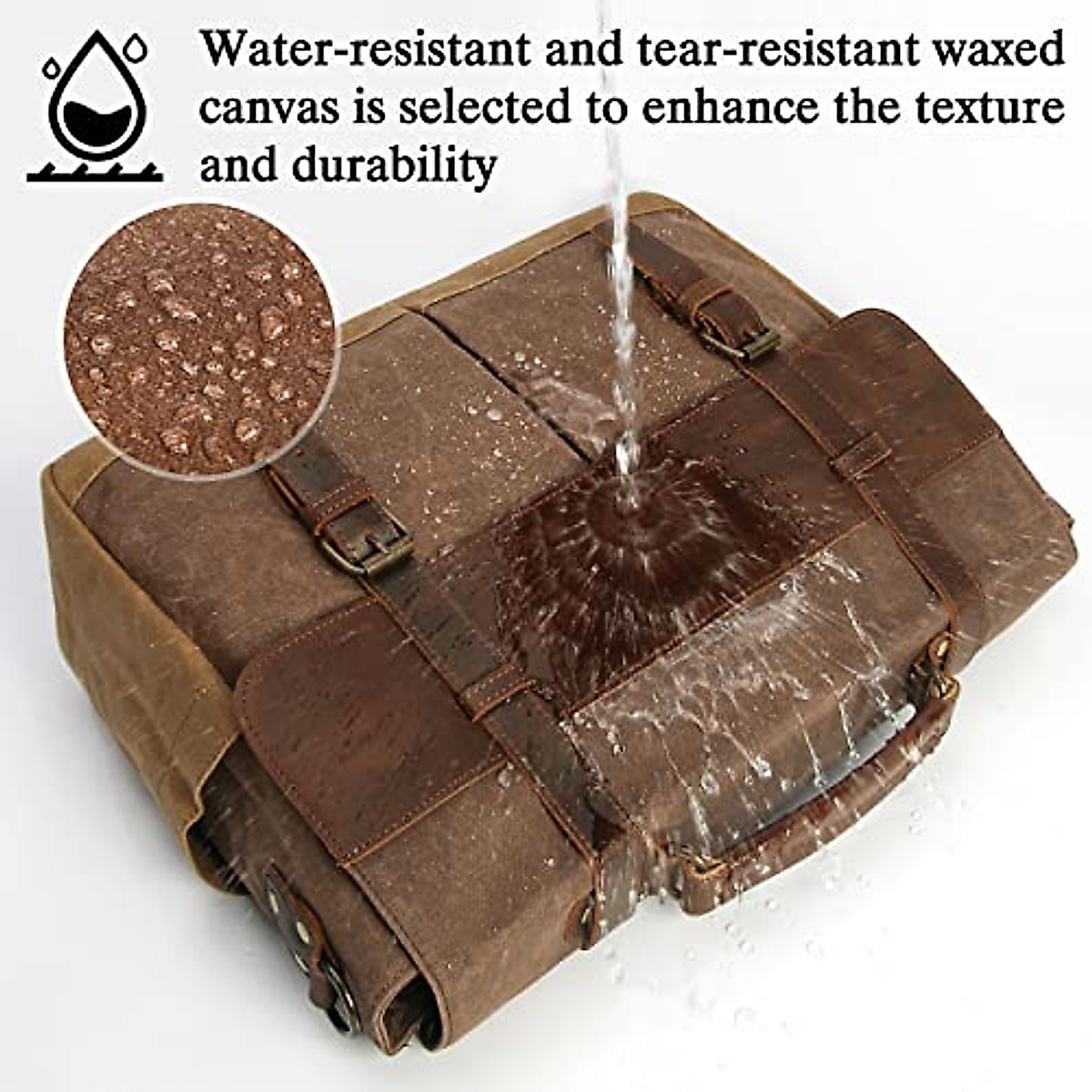 Messenger Bag for Men 15.6 Inch Waterproof Large Satchel Bag Vintage Genuine Leather Waxed Canvas Laptop Briefcase Rugged Leather Computer Shoulder Work Bag Brown