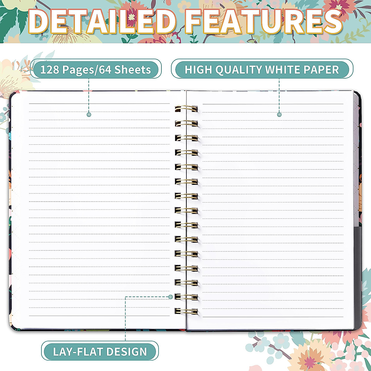 Shoparr Spiral Notebook – Spiral Journal for Women with Premium Thick Paper, 6" x 8.3", Hardcover Ruled Journal/Notebook with Back Pocket + Banded - Floral