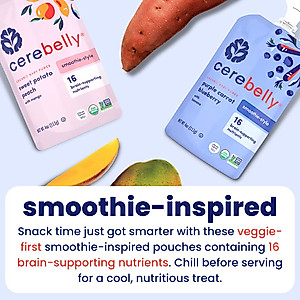 Cerebelly Baby Food Pouches Stage 1 – Purple Carrot Blueberry Smoothie (Pack of 6), Organic Fruit & Veggie Purees, Great Toddler Snacks, 16 Brain-supporting Nutrients from Superfoods, No Added Sugar