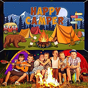 Camping Backdrop Camper Party Decoration Happy Camper Banner Campfire Forest Adventure Photography Background for Camping Theme Party Birthday Party Supplies with Rope, 72.8 x 43.3 Inch