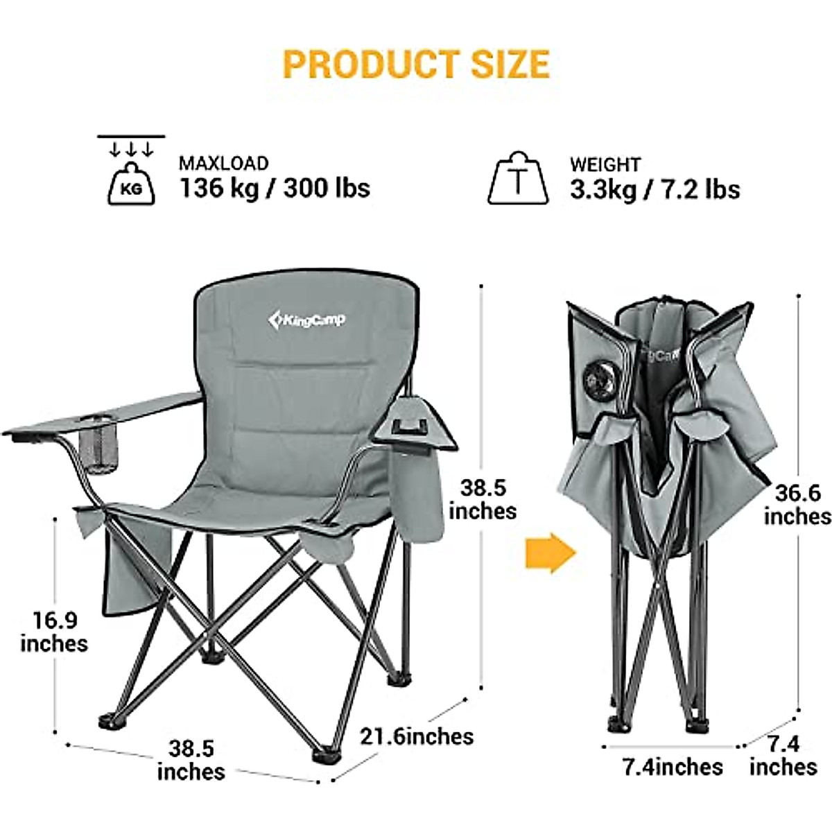 KingCamp Oversized Folding Camping Chair for Adults Portable Outdoor Lawn Heavy Duty with Cooler, Cup Holder, Side Pocket,Carry Bag, 2 Pack, Grey