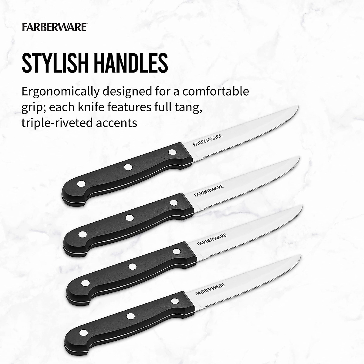 Farberware 4-Piece Full-Tang Triple Rivet 'Never Needs Sharpening' Stainless Steel Steak Knife Set, Black
