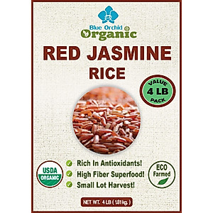 Organic Red Jasmine Thai Rice - High Fiber Superfood - Gluten Free, Preservative Free, Small Lot Farmed from Thailand - 4 LB