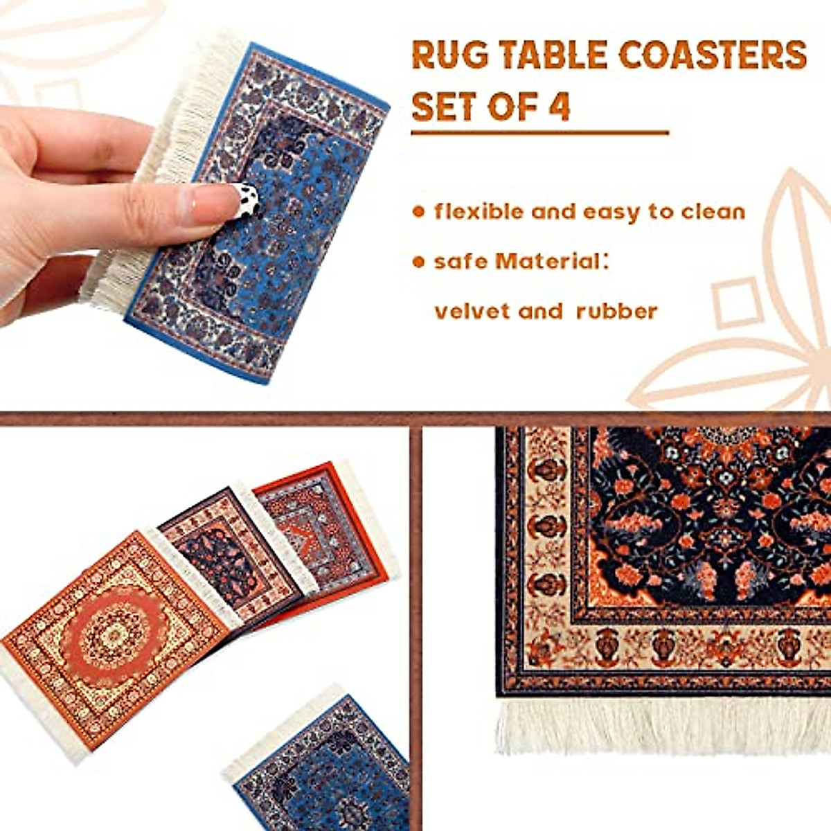 4 Pieces Rug Table Coasters Table Drink Holders Oriental Design Fabric Carpet Drink Mats Oriental Design Fabric Elegant Carpets Kitchen and Bar Mats for Home Office and More (Retro Pattern,Square)