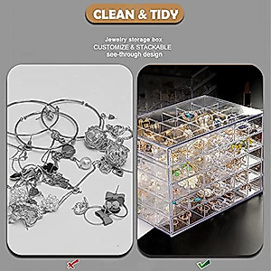 QIYUSHRY Earring Storage Box Acrylic Jewelry Storage Holder Ring Clear Plastic Transparent Jewelry Display Stand with 5 Drawers 120 Small Compartment Tray for Women Girls