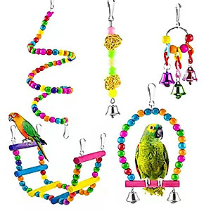 Bird Toys 6Pcs Wooden Hanging Bell with Hammock Climbing Ladders Colorful Pet Bird Swing Toys for Budgerigar, Parakeet, Conure, Cockatiel, Mynah, Love Birds, Finches