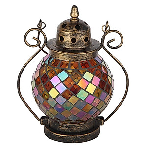 Lily's Home Decorative Candle Lanterns, Mosaic Glass and Wrought Iron Tea Light Candle Holder for Indoor or Outdoor Hanging Lantern. Candle NOT Included. Orange and Gold