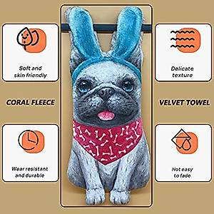 Cute Bulldog Kitchen Hand Towels: Decorative Rag with Hanging Loop for Bathroom Handkerchief Absorbent Washcloths Clearance Animal Shape Grey