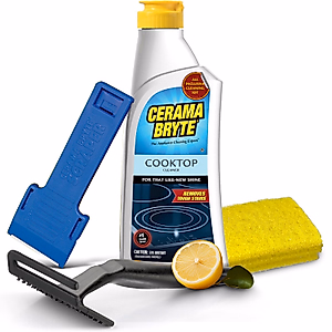Cerama Bryte Combo Kit POW-R Grip, Scraper, Pads & Removes Tough Stains Cooktop and Stove Top Cleaner for Glass - Ceramic Surfaces, 10 Ounces, 6 Piece