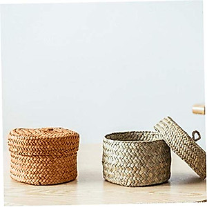 tJexePYK Mini Wicker Storage Baskets with Lid Natural Round Desktop Storage Basket Japanese Style Small Spun Wicker Basket Box