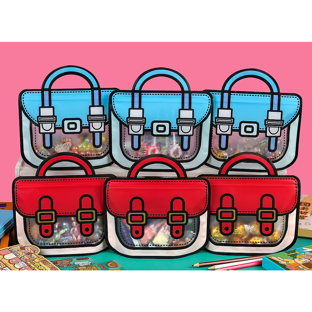 OWLSOME Trendybag Red and Blue Top-handle Party Goodie bags, Grip n’ Seal gift bags with Stand-up bottom, Birthday Bags, 20 Pcs (Large, Blue)