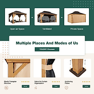 YOLENY 10'x12' Hardtop Gazebo, Wooden Finish Coated Aluminum Frame Canopy with Galvanized Steel Roof, Outdoor Metal Gazebos with Curtains and Nettings for Patio, Backyard, Deck and Lawns