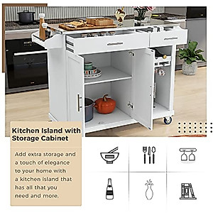 Rolling Kitchen Island Cart on Wheels, with Stainless Steel Countertop, 2 Storage Drawers & Goblet Holder & Spice Shelf, Towel Rack, for Dining Room, Restaurant, White