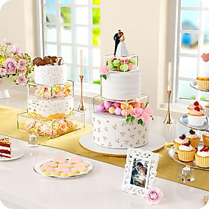 2PCS Clear Acrylic Cake Stand, Fillable Cake Box Riser Cake Tier, Square Cake Display Box with Lid, Decorative Centerpiece Box for Wedding Birthday Party (2pcs, 10" Dx4” H; 6" Dx4” H, 2M LED Lights)