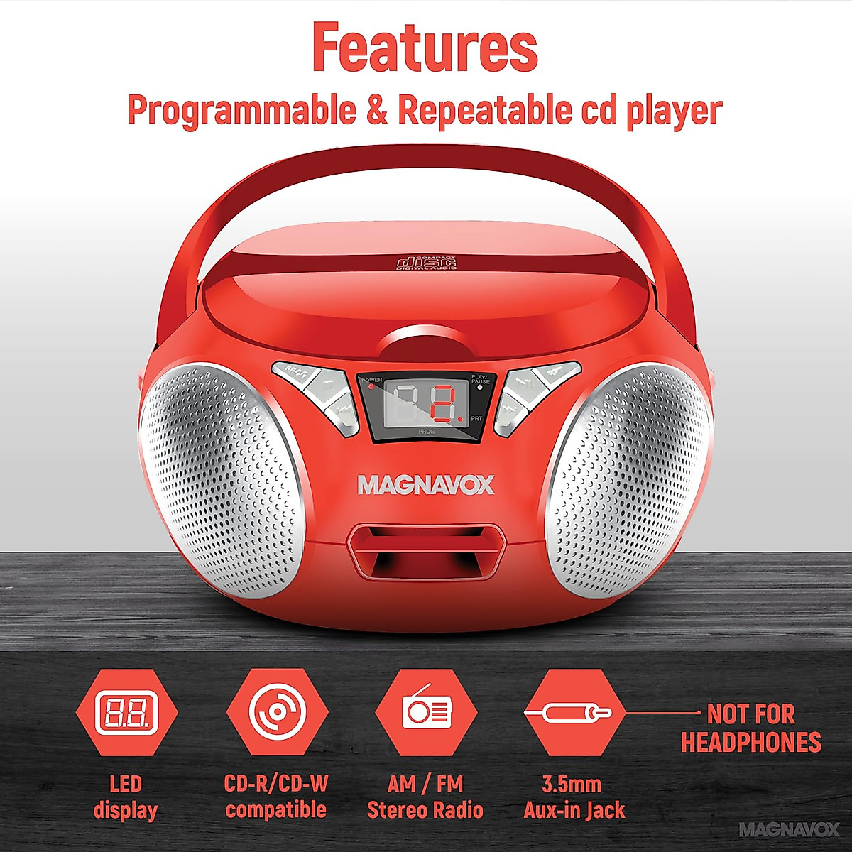 Magnavox MD6924 Portable Top Loading CD Boombox with AM/FM Stereo Radio in Black | CD-R/CD-RW Compatible | LED Display | AUX Port Supported | Programmable CD Player | (Red)