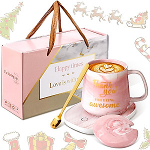 Nitial Thank You Coffee Warmer with Mug Set for Women Pink Marble Mug Warming Plate Employee Appreciation Gifts Birthday Gift Valentine's Day Gifts for Coworker Volunteer Teacher