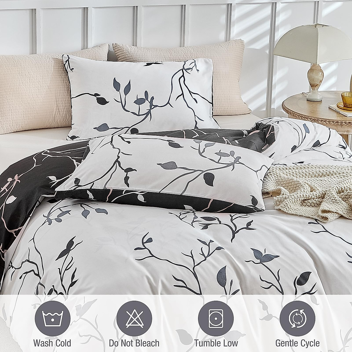 Lekesky Reversible Duvet Cover Queen Size, White Black Tree Branch Pattern Comforter Cover Queen 3pc Super Soft Microfiber Breathable Botanical Bedding Sets with Zipper Ties