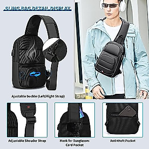 Fenree.geer Crossbody Sling Bag for Men Women, Anti-Theft Lightweight Small Backpack Shoulder Bag, Waterproof Men's Chest Bag for Travel Hiking Walking Biking Cycling USB Port, Black Casual Daypack