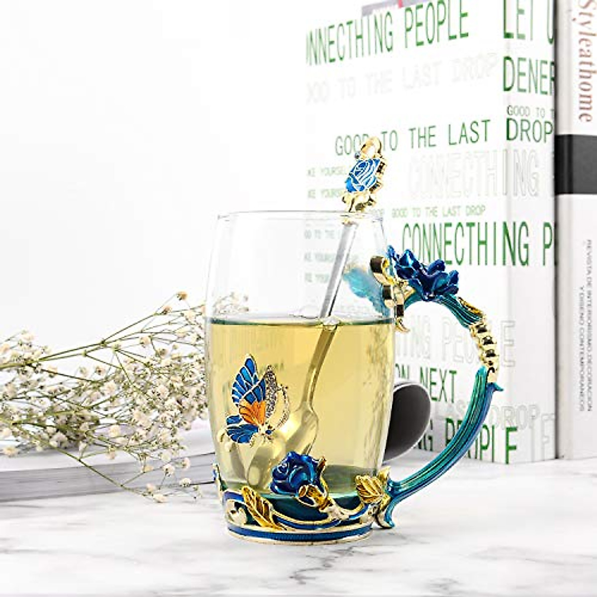 WOBOX 330ML Enamel Tea Cup Glass Coffee Mug Handmade Rose Flower Tea Mug for Valentine’s Day, Birthday, Christmas Gift with Stainless Steel Spoon Set