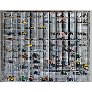 DisplayGifts Clear Acrylic Display Case for 1:64 Scale Hot Toy Cars Wheels Model Cars Display with 144 Compartments in 45 Degree Angle, Clear, UV Protect 22.5 X 30.4 X 3 Inches, Wall Mounted Storage
