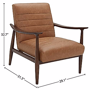 Amazon Brand – Rivet Spear Mid-Century Modern Channel Tufted Leather Accent Chair with Wood Arms, 29.1"W, Cognac Brown