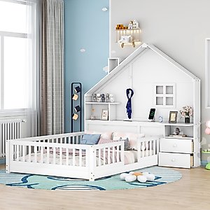 Full Size House Bed Frame for Boys Girls Kids Toddler with Window and Bedside Drawers, Platform Bed with Shelves and a Set of Sockets and USB Port, White