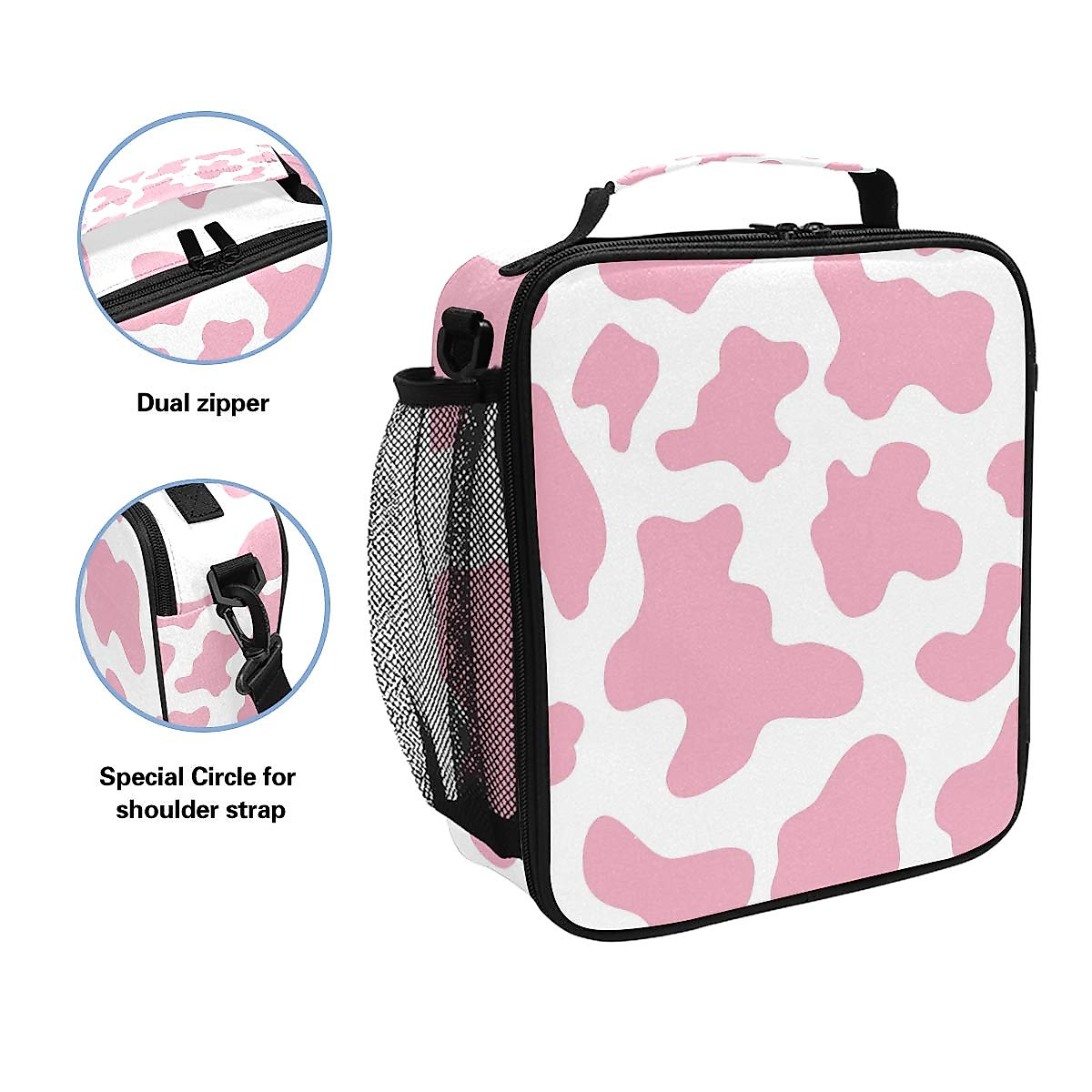 Pink Cow Print Camo Camoflage Lunchbox for Boys Girls,Insulated Lunch Tote Bag with Adjustable Strap,Leakproof and Durable Lunch Cooler for Work Office