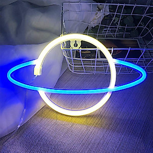 iceagle Neon Signs-Planet Neon Sign|Led Neon Light neon Wall Signs|Battery & USB Powered Light Up Wall Decor|Neon Sign for Bedroom Party Wedding Kids Girls Boy Room,Warmwhite&Blue