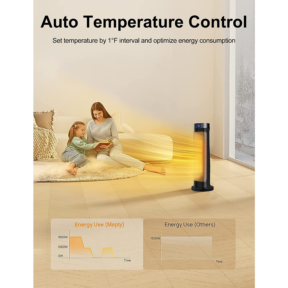 MEPTY Space Heater, 1500W Fast Heating Ceramic Electric Heaters with Remote,Thermostat, Oscillation, 1-12H Timer, Overheating & Tip-Over Protection, Portable Heater for Indoor Use (Black)