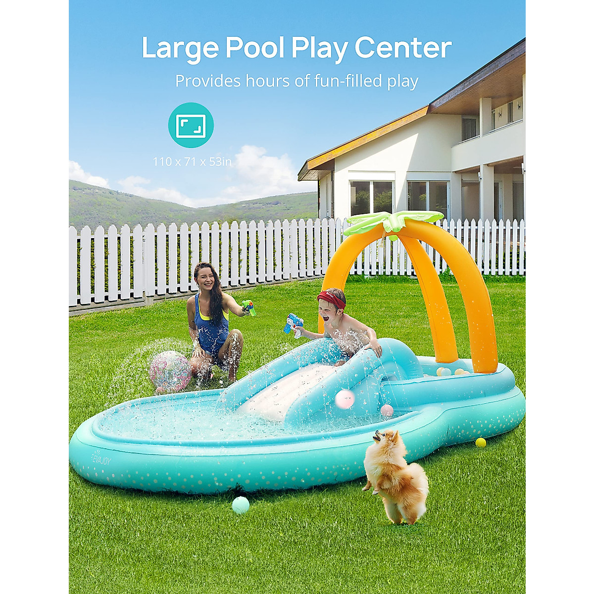Kiddie Pool, Evajoy Inflatable Play Center Kids Pool with Slide, Water Sprayers Thickened Wear-Resistant Full-Sized Swimming Pool for Kids Toddler Children, Garden Backyard & Indoor Use 110”x71”x53”