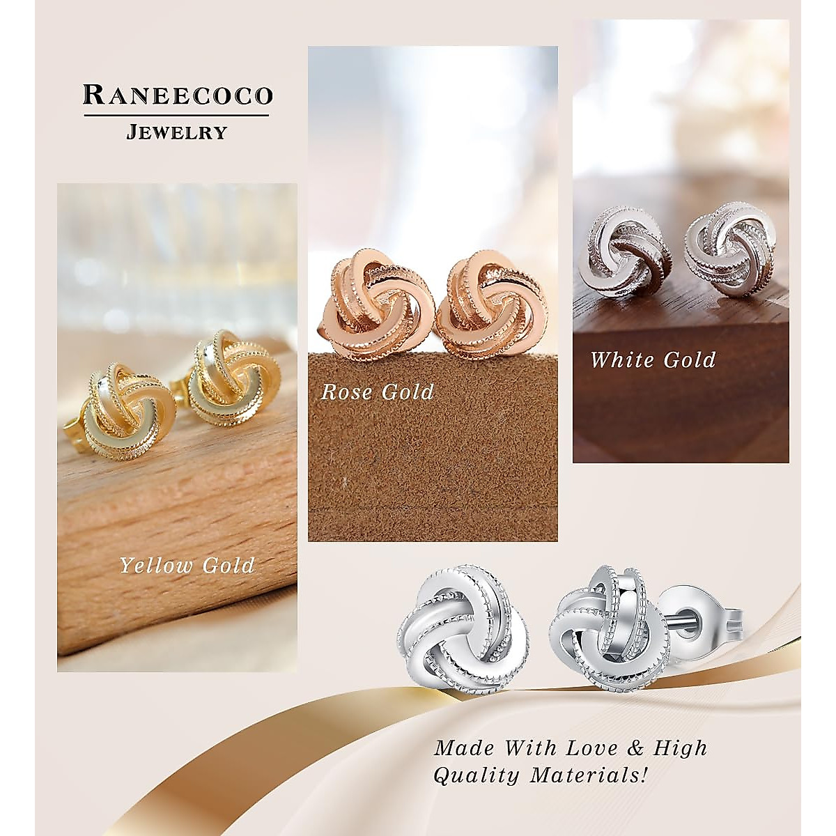 Gold Plated Sterling Silver Studs Love Knot Earrings For Women | Hypoallergenic & Nickle Free Jewelry for Sensitive Ears (10, white-gold-plated-silver)