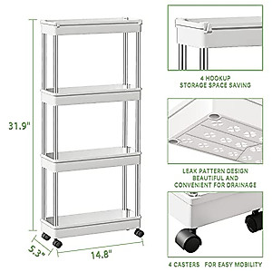 SYLEALA 4 Tier Slim Storage Cart,Mobile Shelving Unit Organizer Slide Out Storage Rolling Cart,Bathroom Organizer for Kitchen Laundry Narrow Places, Plastic & Stainless Steel, White (White)