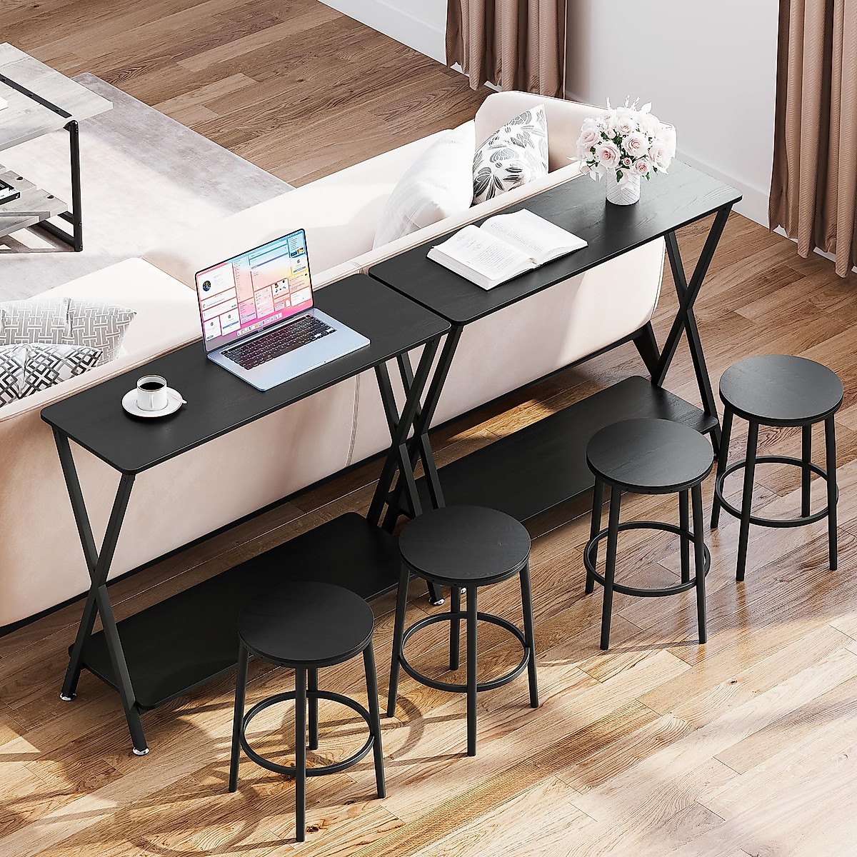 IDEALHOUSE Narrow Console Table, Sofa Tables Narrow Long Behind Couch Table, 2-Tier Industrial Entryway Table for Living Room, Hallway, Foyer (Black)