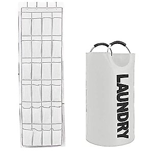 Gorilla Grip Over The Door Mesh Pocket Shoe Organizer and Laundry Basket, 24 Pocket Shoe Organizer and 80L Laundry Basket both in White Color, 2 item Bundle