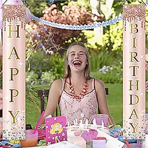 Pink Rose Gold Happy Birthday Door Banner Decorations, Birthday Party Porch Sign Supplies for Women Girls, Sweet 16th 21st 30th 40th 50th 60th Birthday Decor