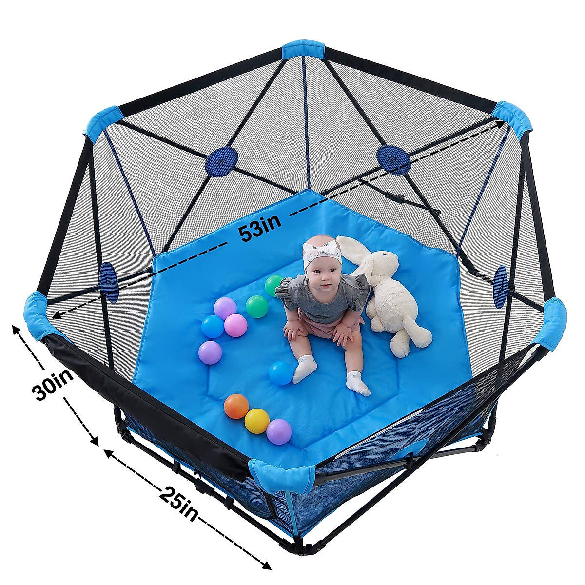 LuckyDove Portable Playpen for Innfants and Toddlers,Portable Play Yard for Baby with Padded Floor,Kids Activity Centre,Baby PlayPen with Carrying Bag,Washable,Foldable.Size:53"Wx 30"H(Blue)