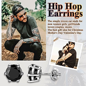 Suplight Womens Mens Earrings 925 Sterling Silver Black Cubic Zirconia Stud Earrings for Women 9mm