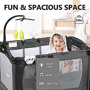 Kinder King 3 in 1 Portable Nursery Center, Foldable Playard for Baby & Toddler, Infant Pack n Play w/Bassinet, Removable Mattress, Newborn Changing Table, Travel Bag, Music Box, Storage Basket, Grey