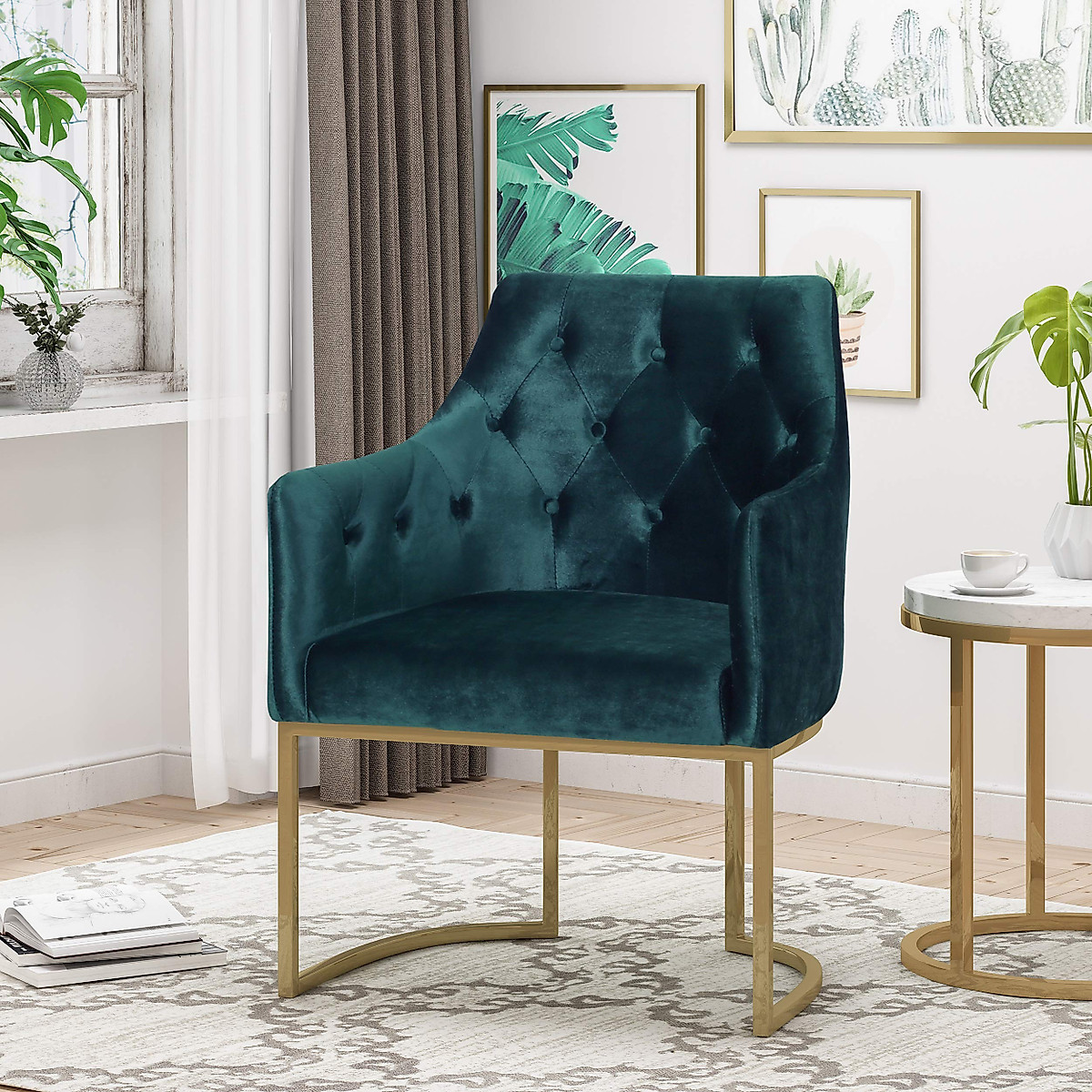 Christopher Knight Home Fern Modern Tufted Glam Accent Chair with Velvet Cushions and U-Shaped Base, Teal Finish, Black, Rose Gold 26D x 26W x 34H in