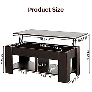 Lift Top Coffee Table with Storage, 2 Open Shelves and Hidden Compartment Lifting Center Table, Modern Wood Coffee Tables for Living Room Reception Room Office