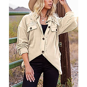 Merryfun Womens Flannel Shirt Jacket Button Down Long Sleeve Oversized Shacket Coat Loose Casual Blouse Tops With Pockets,Beige L