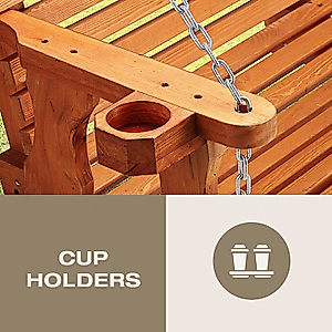 U-MAX Upgraded 2-3 Person Wooden Porch Swing, Outdoor Wooden Swing with Hanging Chains, Heavy Duty 800 LBS Capacity Porch Swing Chair Bench with Cupholders for Patio, Backyard, Garden (Natural, 6.5FT)